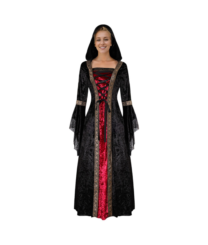 Women Medieval Hooded Cloak Robe Dress Red Black Halloween Costume ...