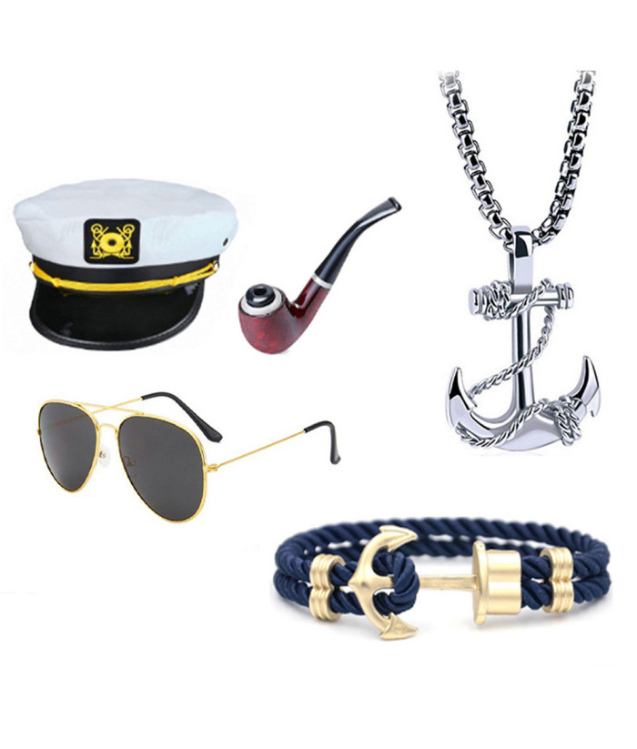 Yacht Captain Hat Necklace Pipe Sunglasses Halloween Cosplay Costume ...