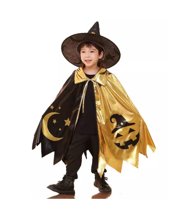 Kids Children Star Moon Golden Black Cloak Wizard Mage Cape Halloween ...