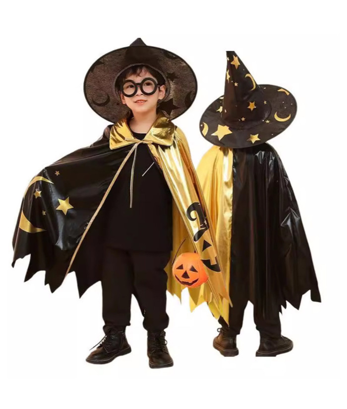 Kids Children Star Moon Golden Black Cloak Wizard Mage Cape Halloween ...