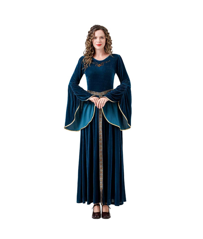 Women Medieval Renaissance Blue Bell Sleeve Palace Dress Maid Halloween ...