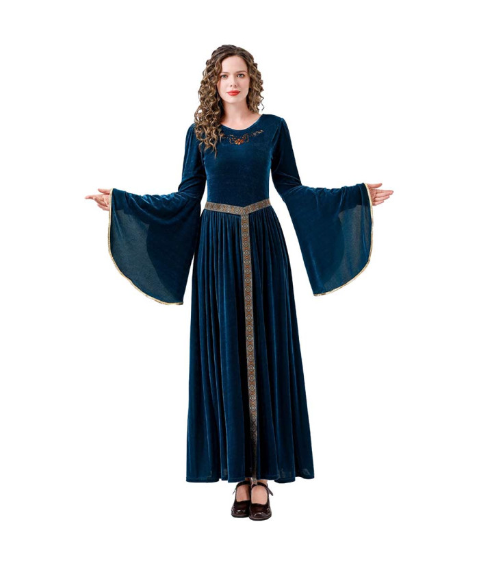Women Medieval Renaissance Blue Bell Sleeve Palace Dress Maid Halloween ...