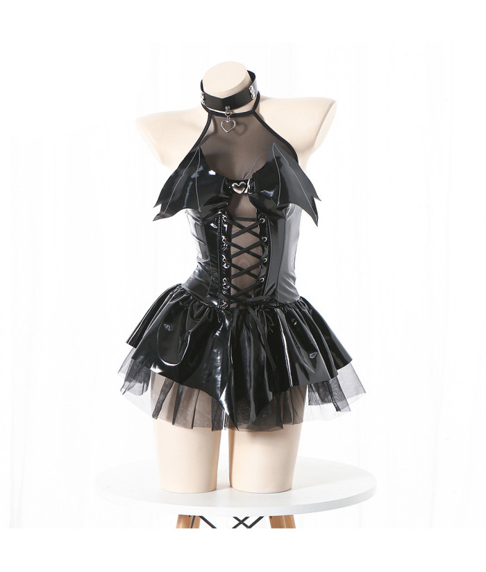 Women Leather Gothic Black Sexy Lingerie Devil Wing Halloween Costume ...