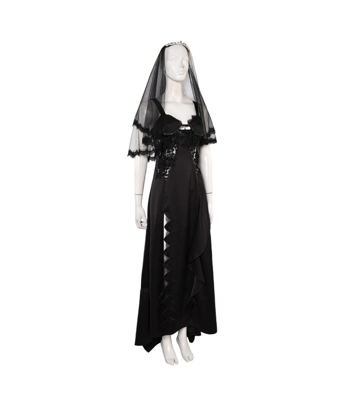 Women Black Witch Gothic Wedding Dress Set Halloween Costume-Skycostume