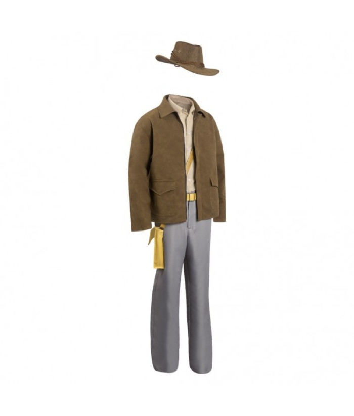 Men Brown Coat Jacket Adventurer Cowboy Hat Fullset Halloween Costume