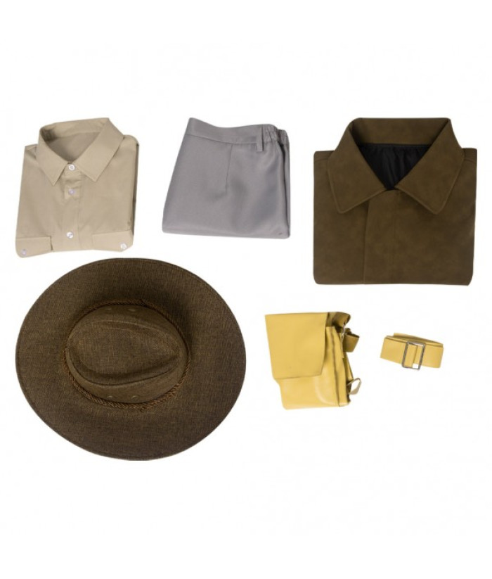 Men Brown Coat Jacket Adventurer Cowboy Hat Fullset Halloween Costume